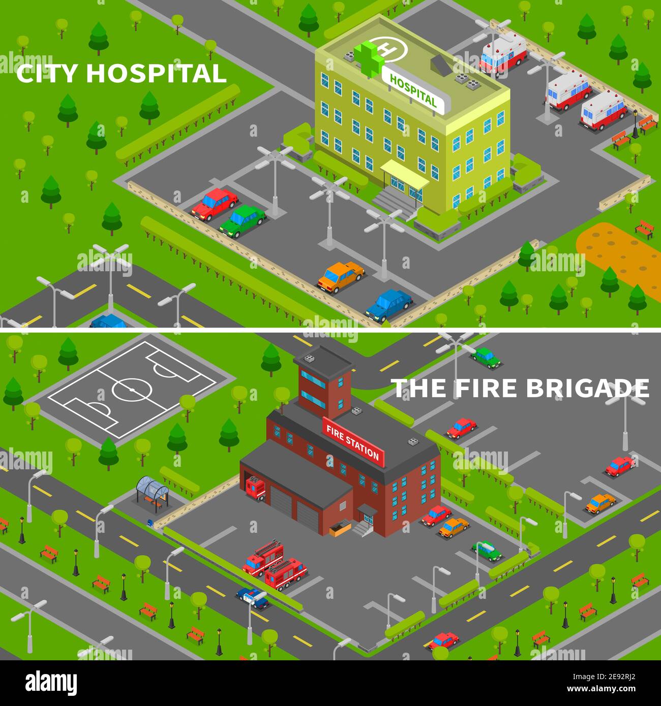 City constructor banners collection of hospital and fire station isometric top view concepts ...
