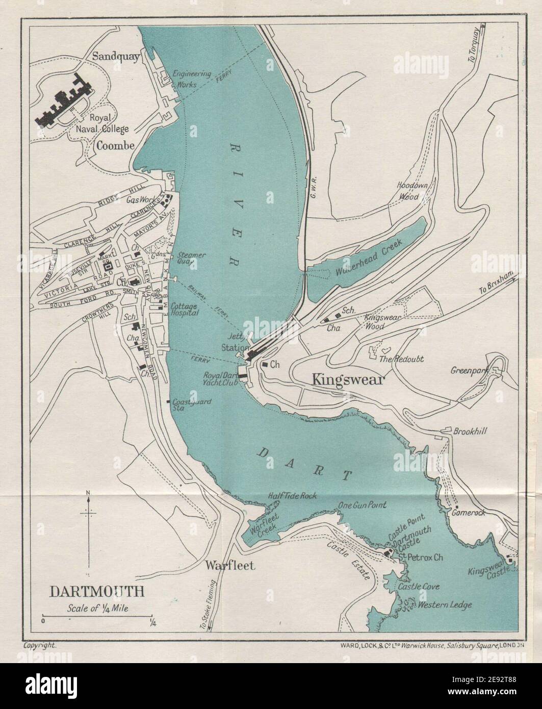 DARTMOUTH vintage tourist town city plan. Devon. WARD LOCK 1925 old map ...