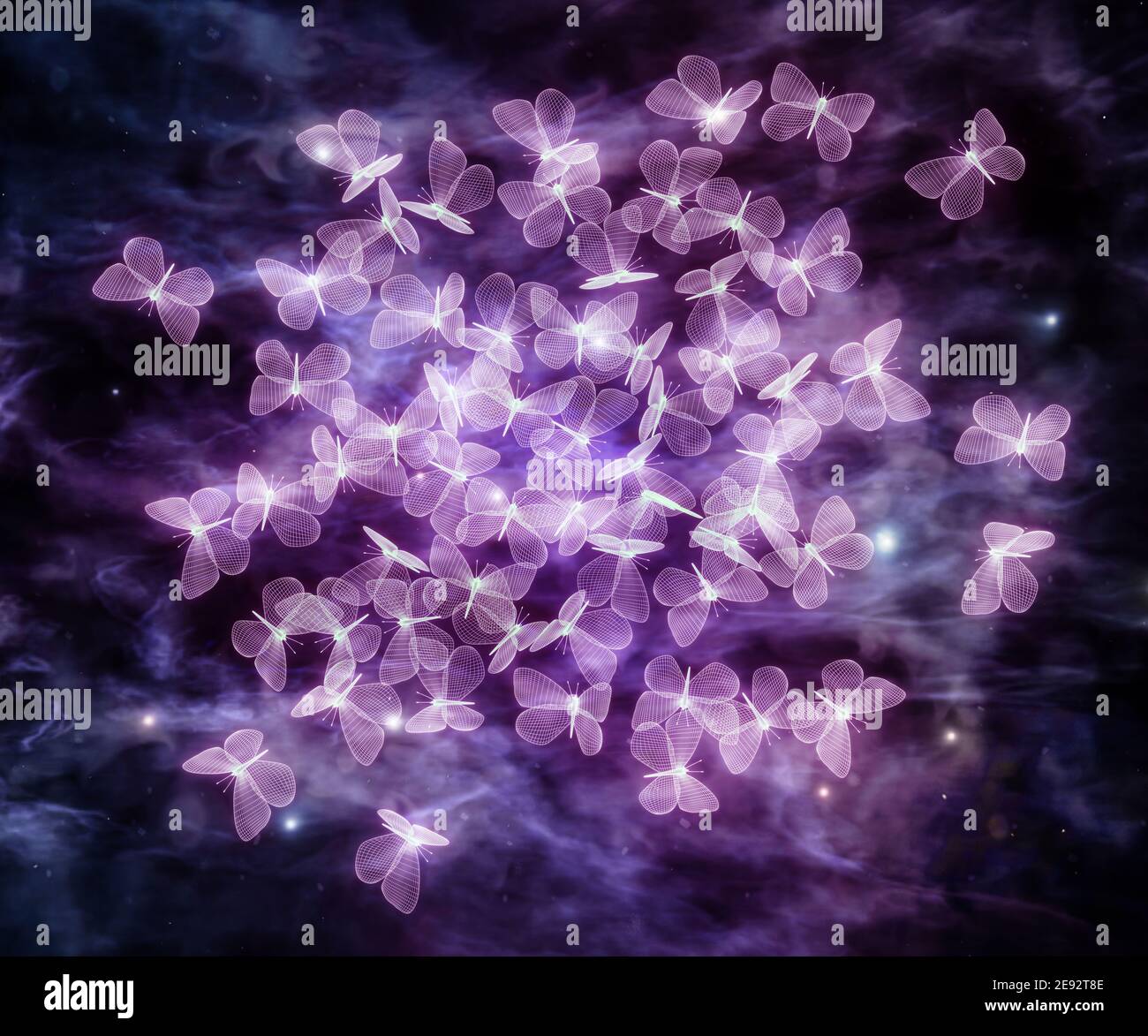 Flock of violet neon polygonal butterflies. Wireframe technology ...