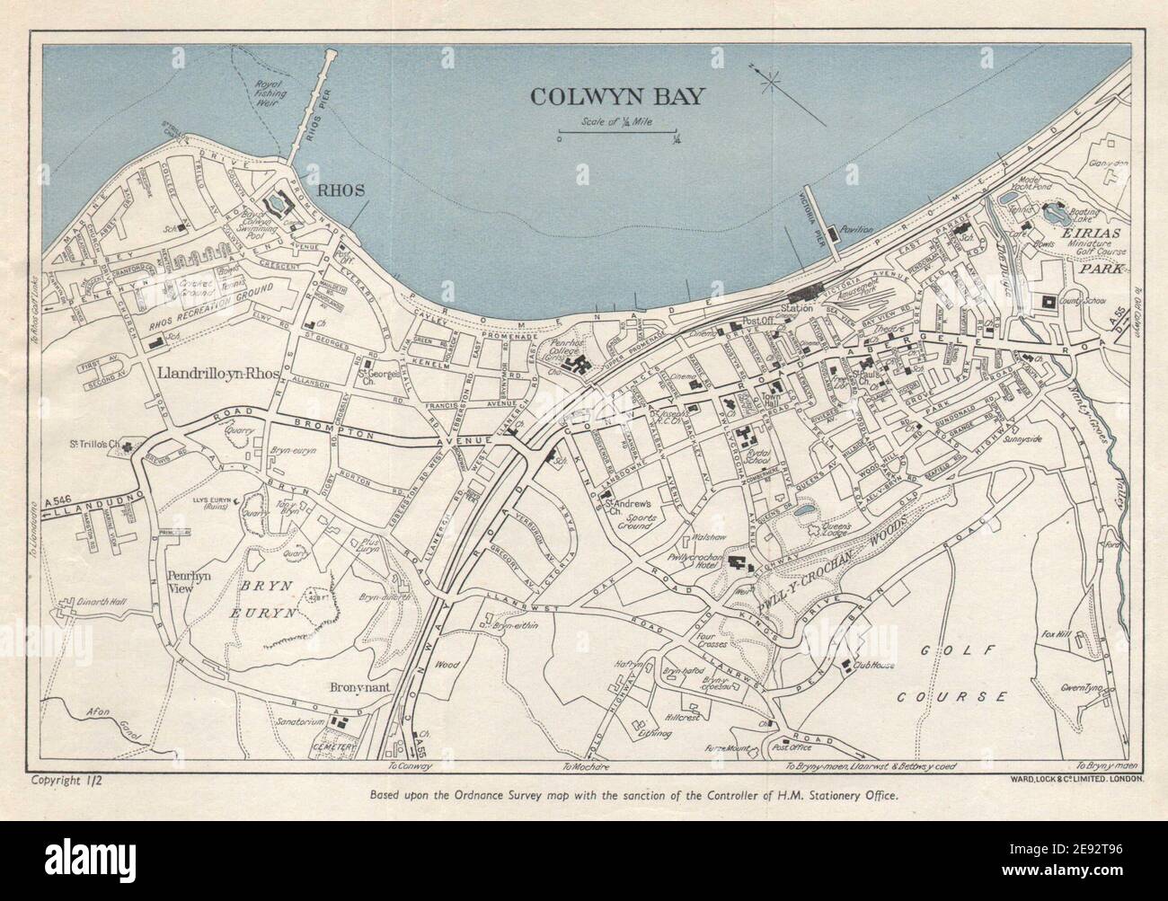 COLWYN BAY vintage tourist town city resort plan. Wales. WARD LOCK 1952 ...