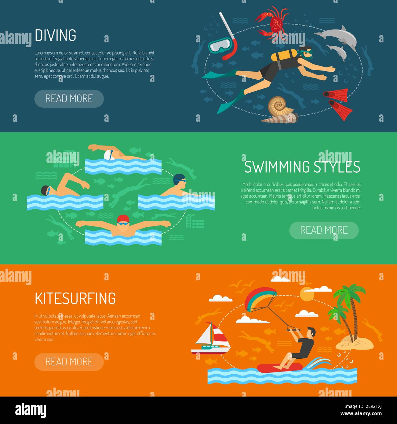 Water sport horizontal banners set of diving swimming styles and kite ...