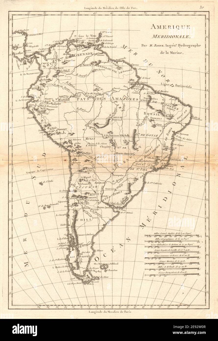 Amerique Meridionale. Antique map of South America. BONNE 1787 old ...