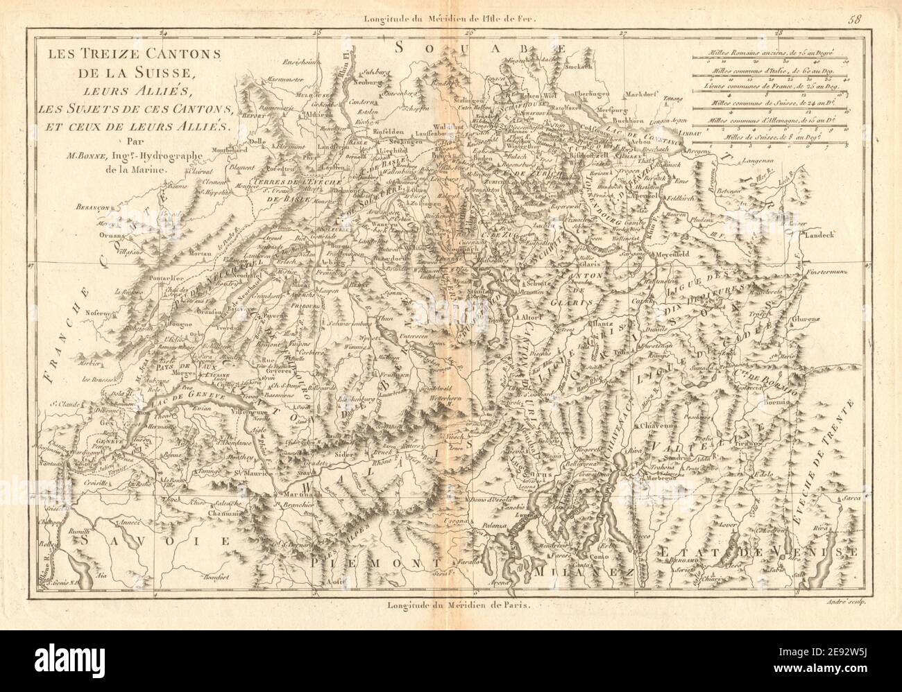 Les treize Cantons de la Suisse. Switzerland Suisse Schweiz. BONNE 1787 ...