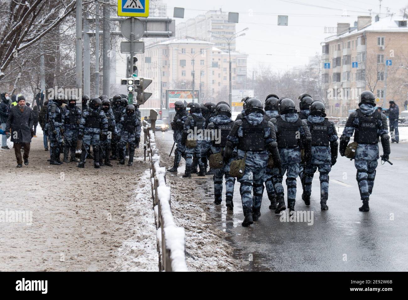 Moscow, RUSSIA - January 31, 2021: Russian riot police officers going ...