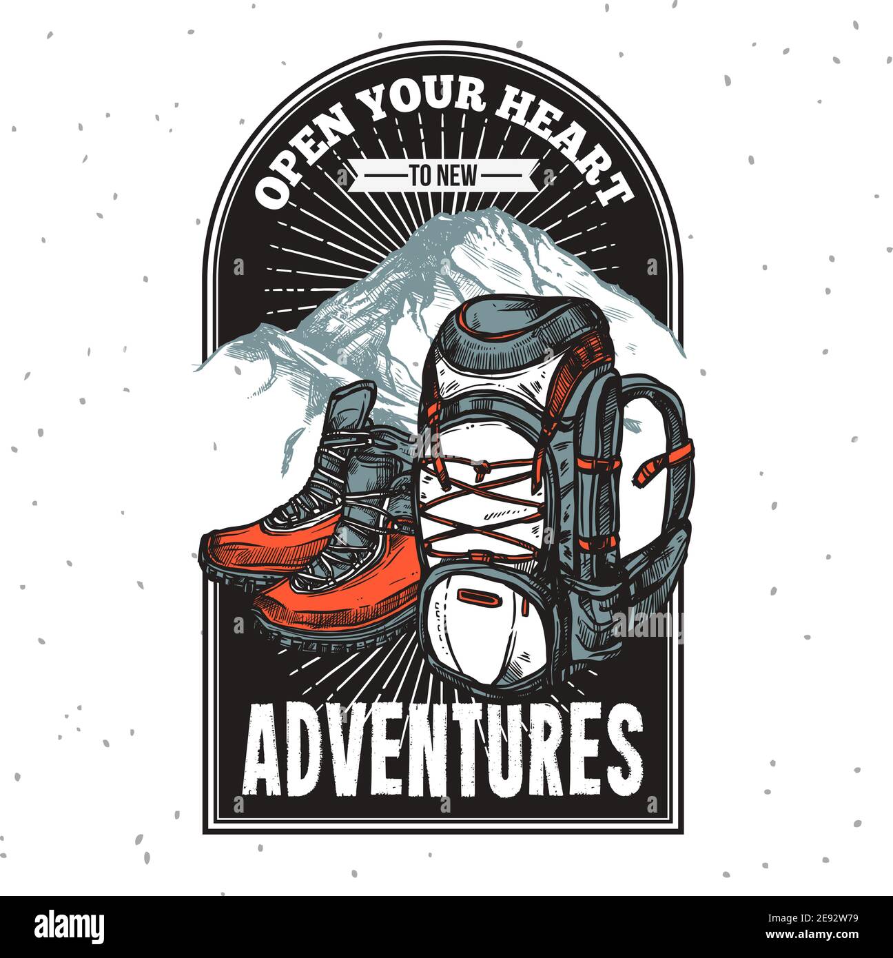 Adventure lettering emblem print of boots and backpack on mountain ...