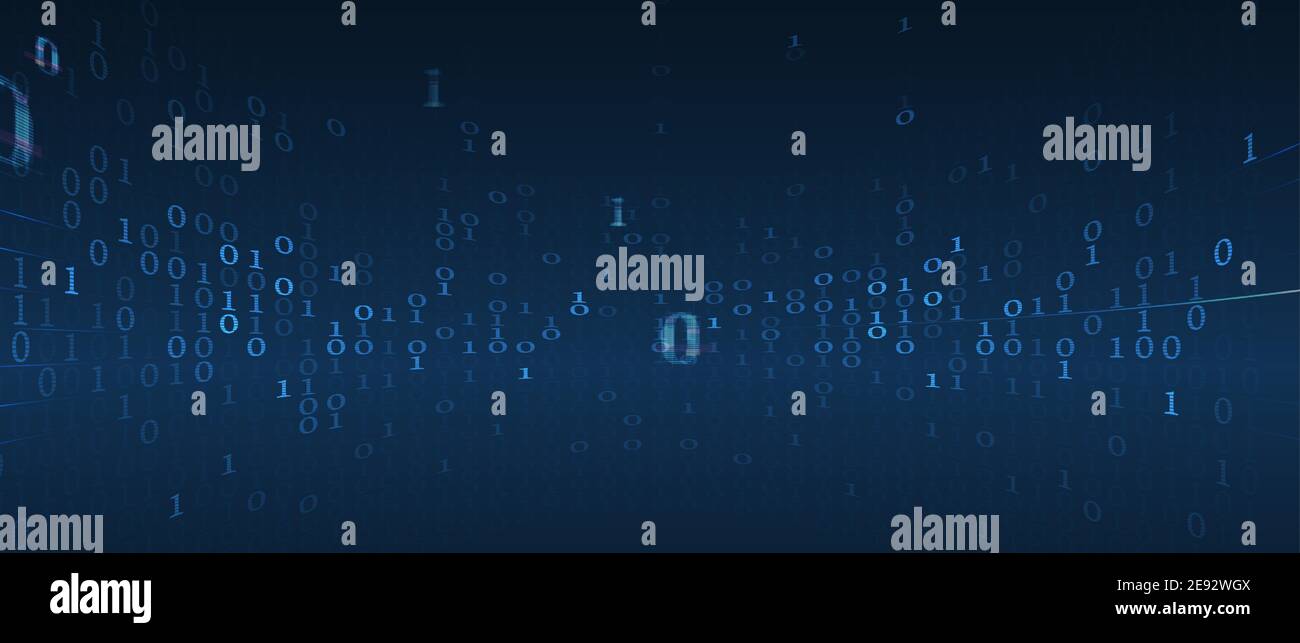 Bytes of binary code run through network. Abstract futuristic ...