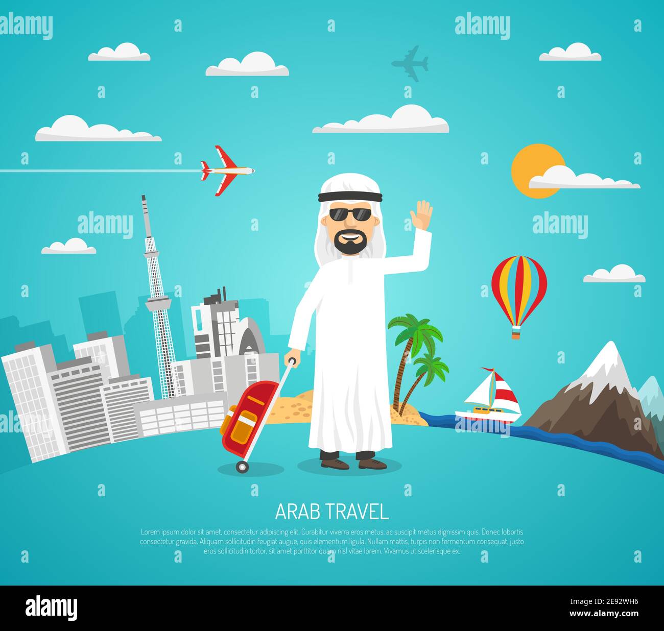 Cartoon travel poster with arab tourist in sunglasses on cityscape and ...