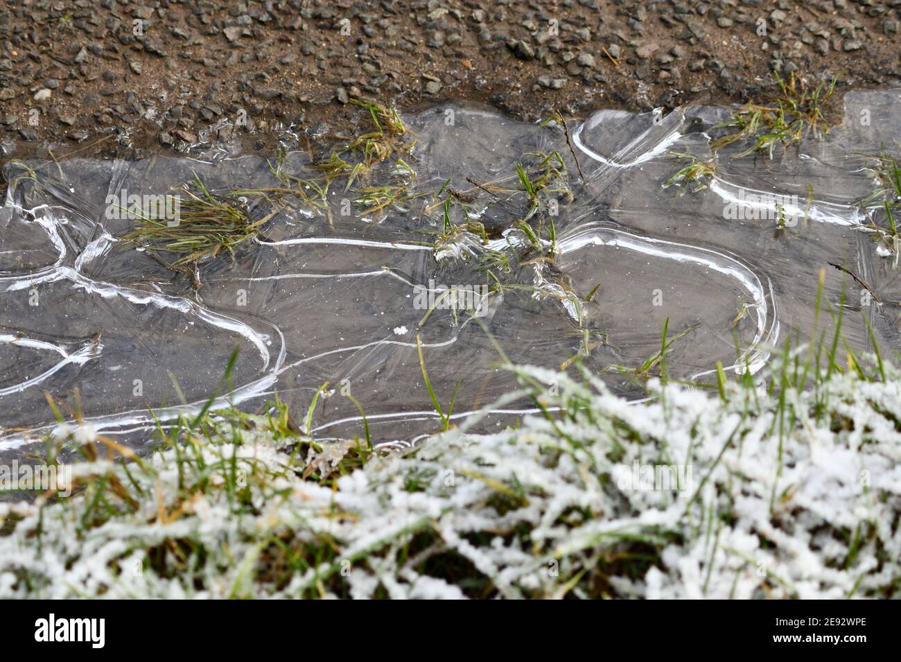 Frozen puddle at edge of Road Stock Photo - Alamy