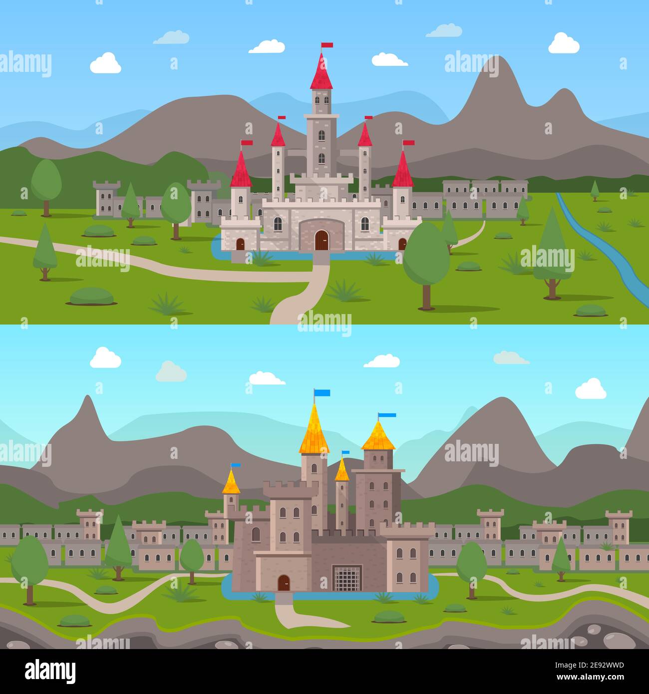 Two horizontal cartoon compositions with medieval ancient castles and ...