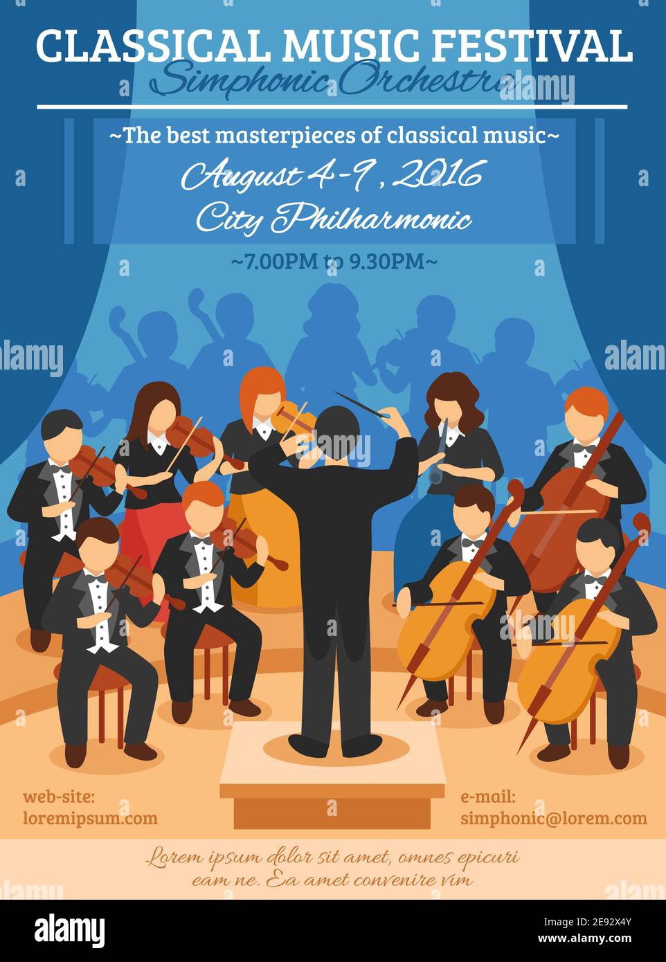 Classical music festival flat poster with musicians of symphonic ...