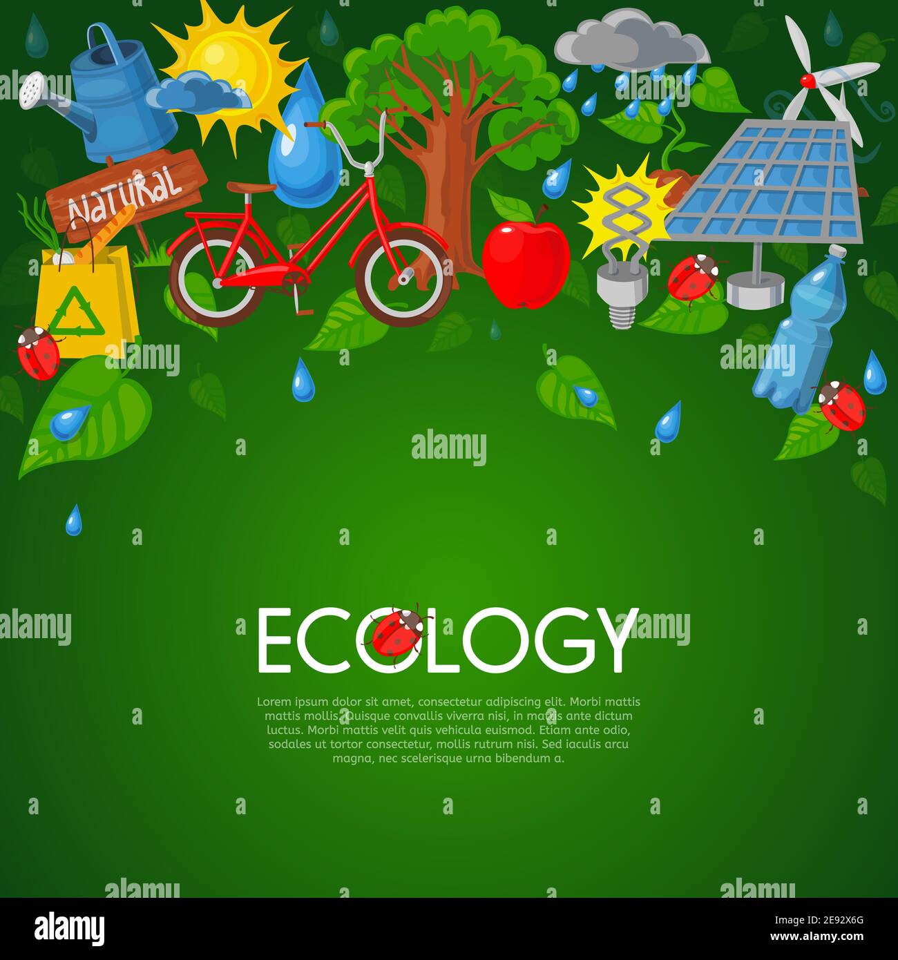 Ecology concept with nature recycling and green energy symbols flat ...