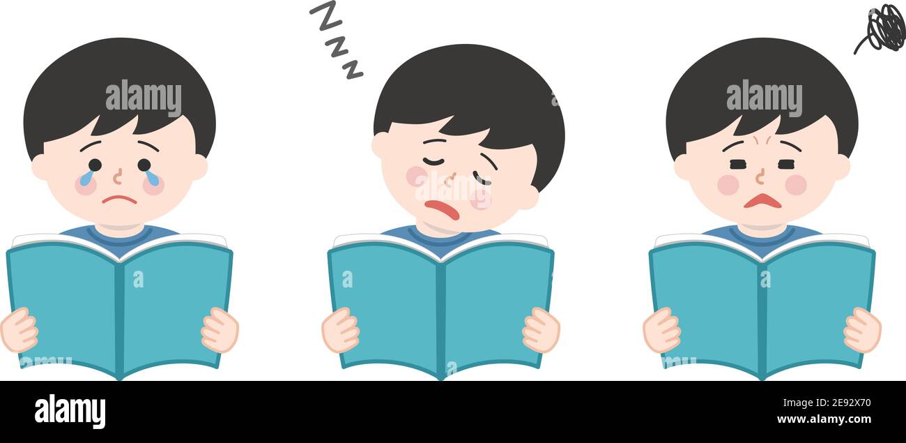 Various facial expressions of boy holding open books and reading ...