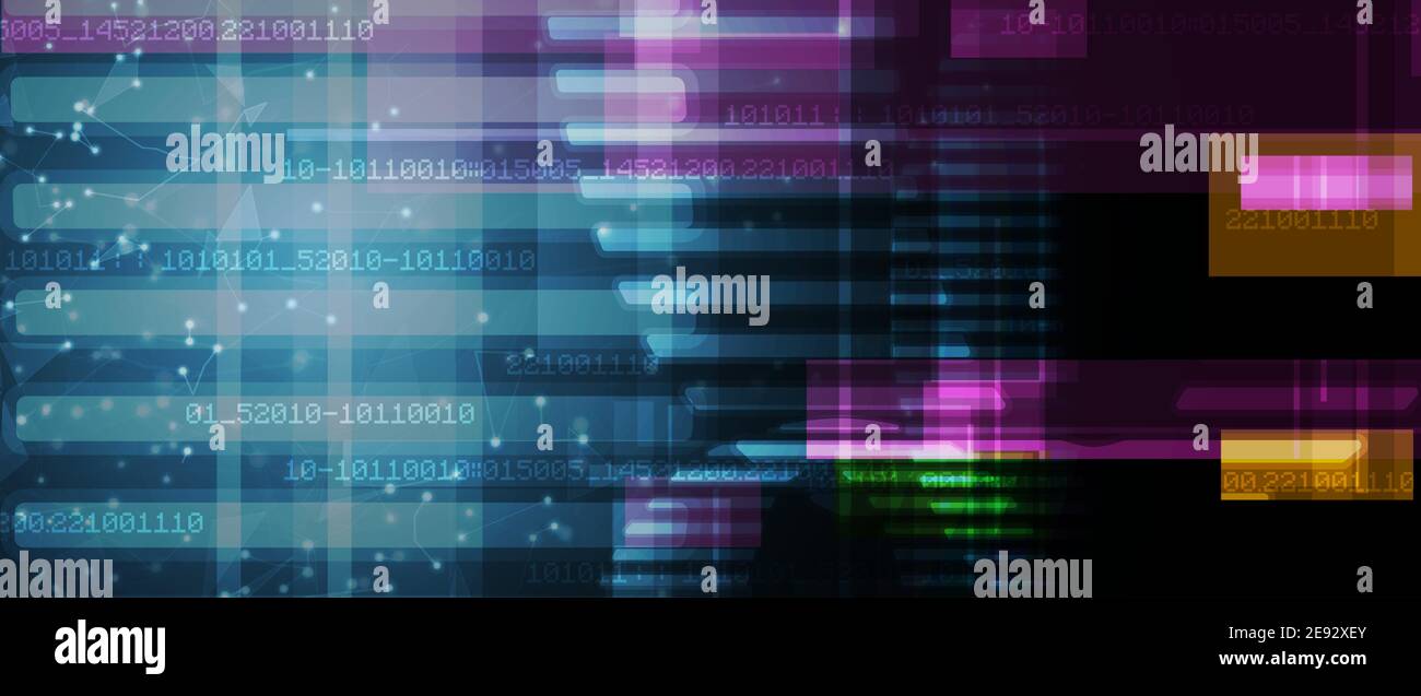 Bytes of binary code run through network. Abstract futuristic ...