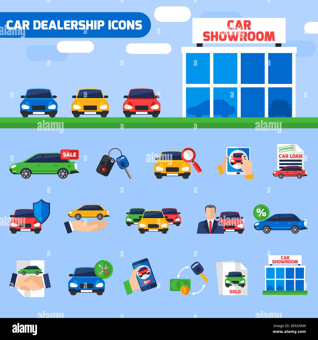 Car dealership center flat icons composition with new vehicles showroom ...