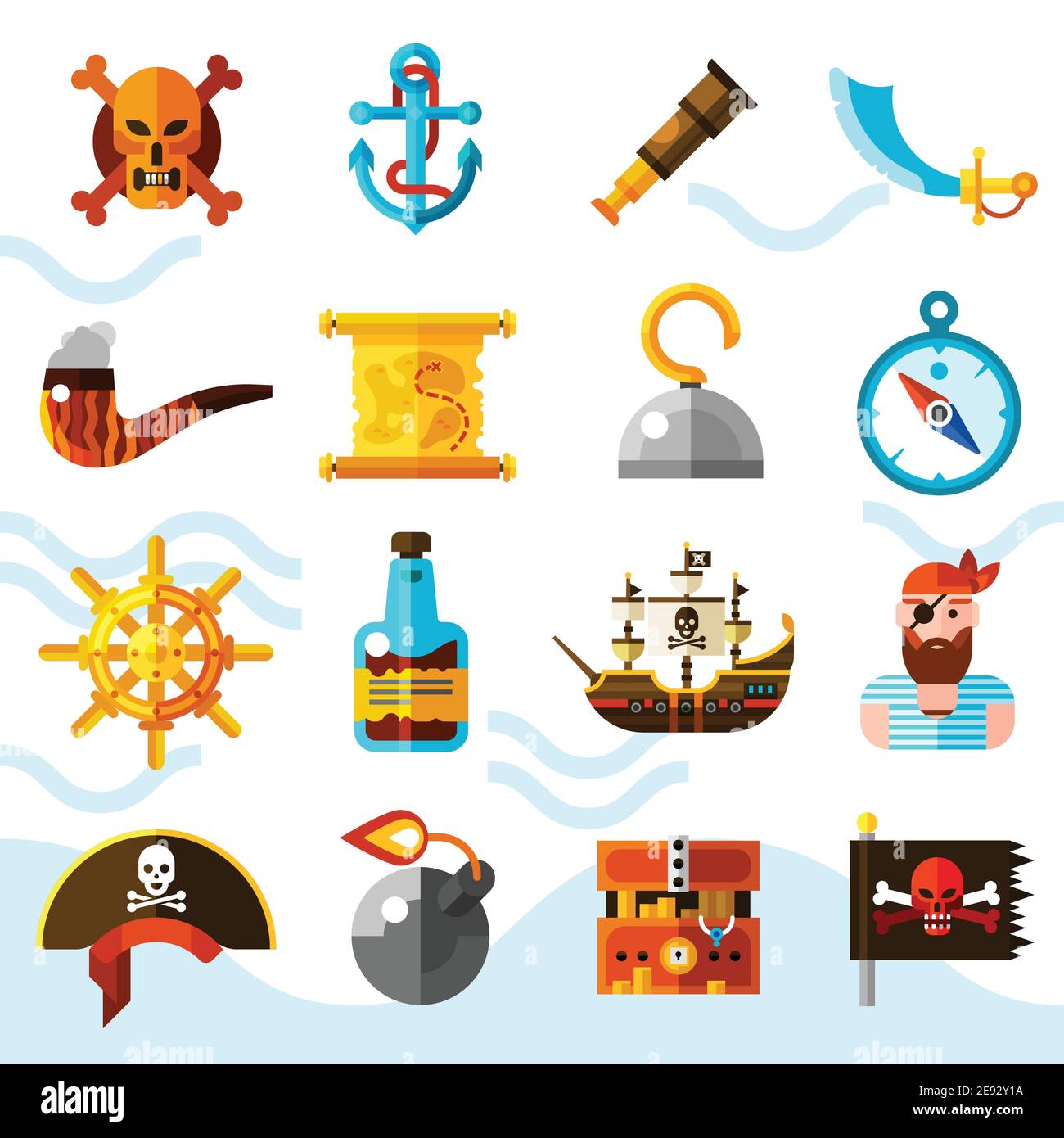 Pirates flat color icons set with wooden chest of gold anchor ...