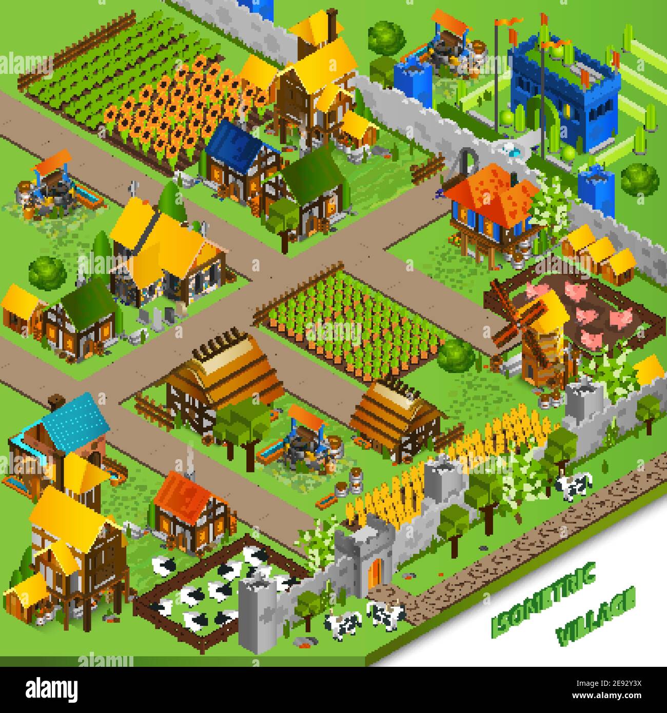 Medieval life background with castle cattle mill and harvest isometric ...