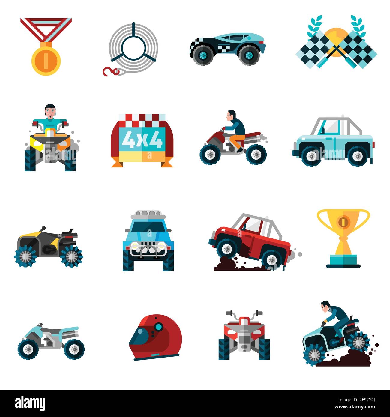Offroad icons set with cars bikes and awards flat isolated vector ...
