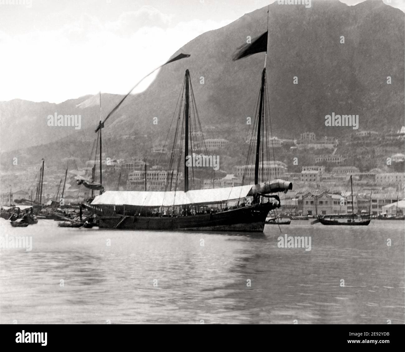 Late 19th century photograph - boat in Hong Kong harbour, Peak in the ...