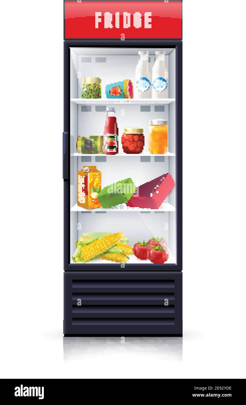 Modern refrigerator with vegetables dairy and canned products and ...
