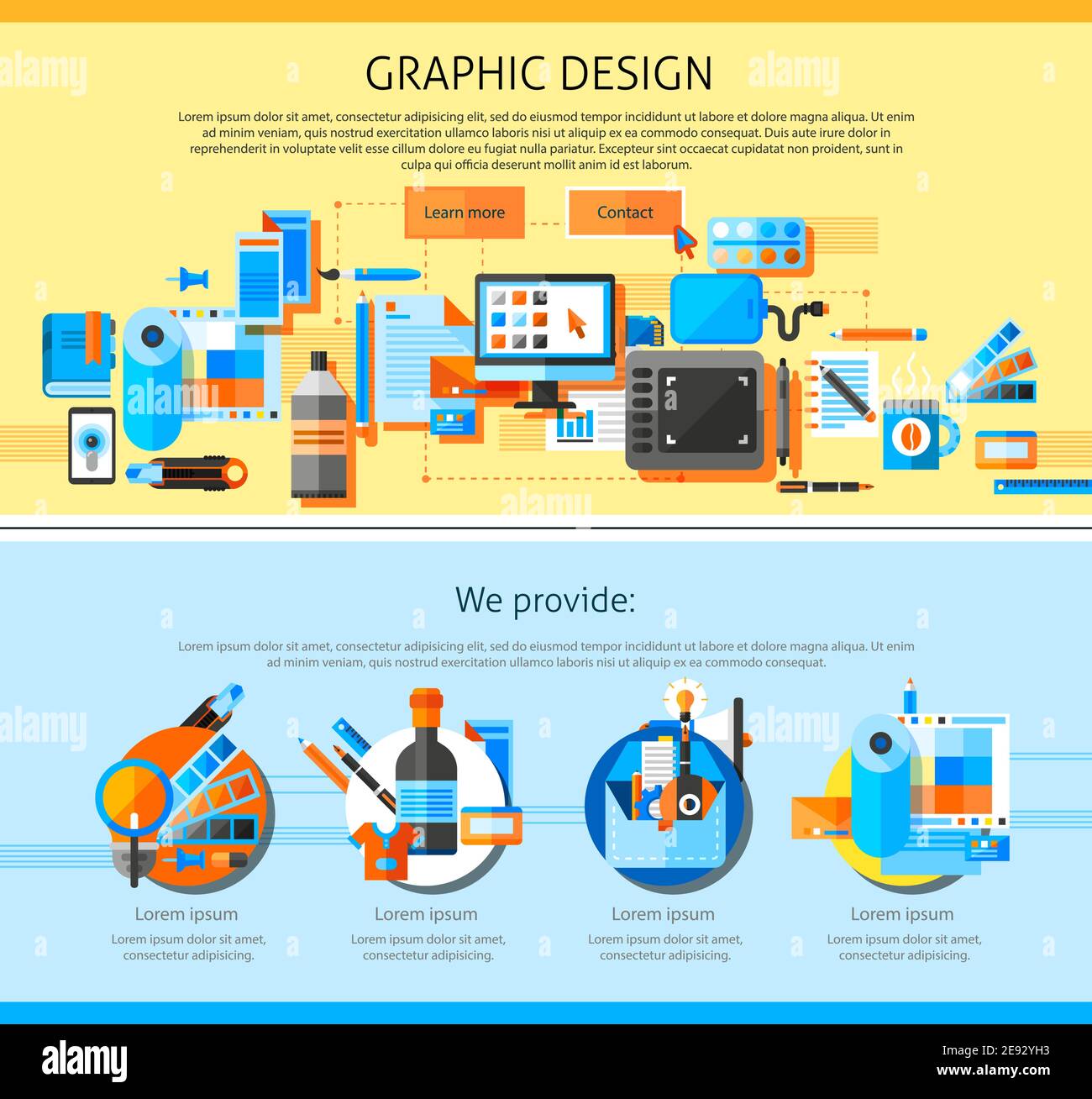 Graphic art page design with advertising symbols flat isolated vector ...