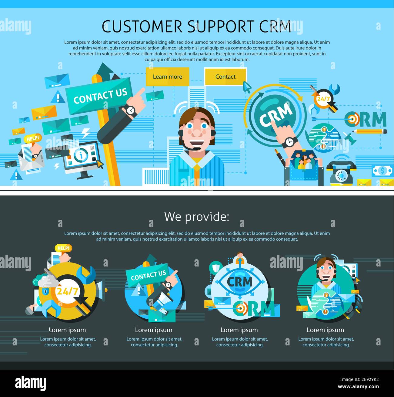 Customer support one page design with advertising symbols flat isolated ...