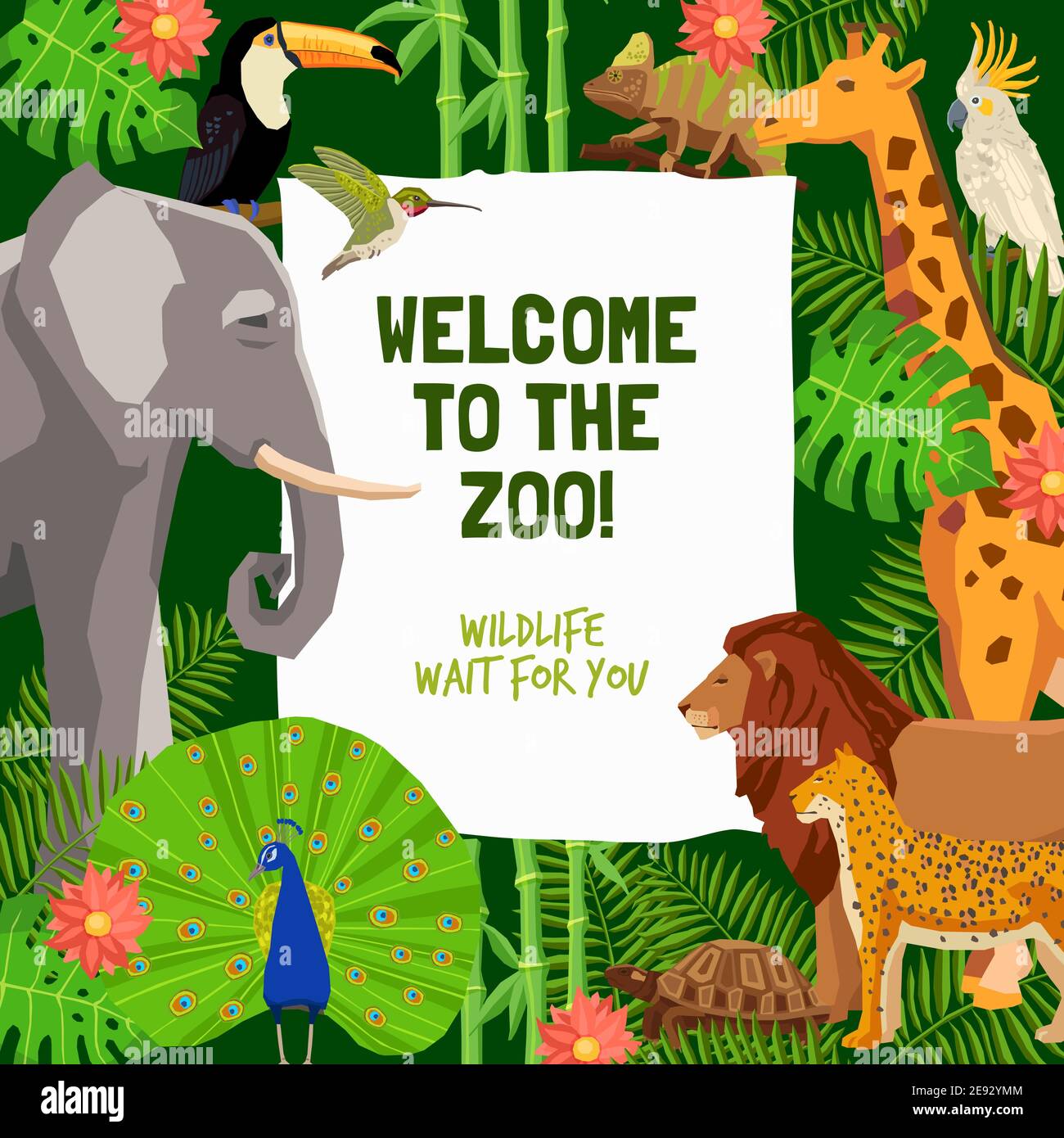 Colorful poster with tropical animals and invitation to visit zoo flat ...