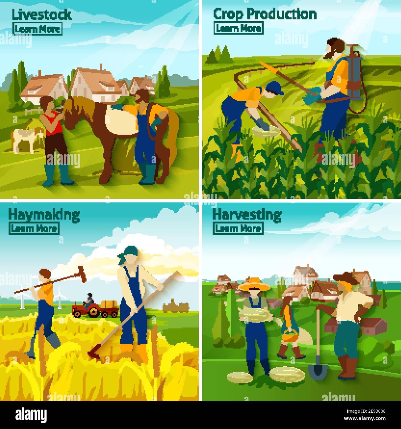 Farming 2x2 design concept with farmers busy in livestock crop ...