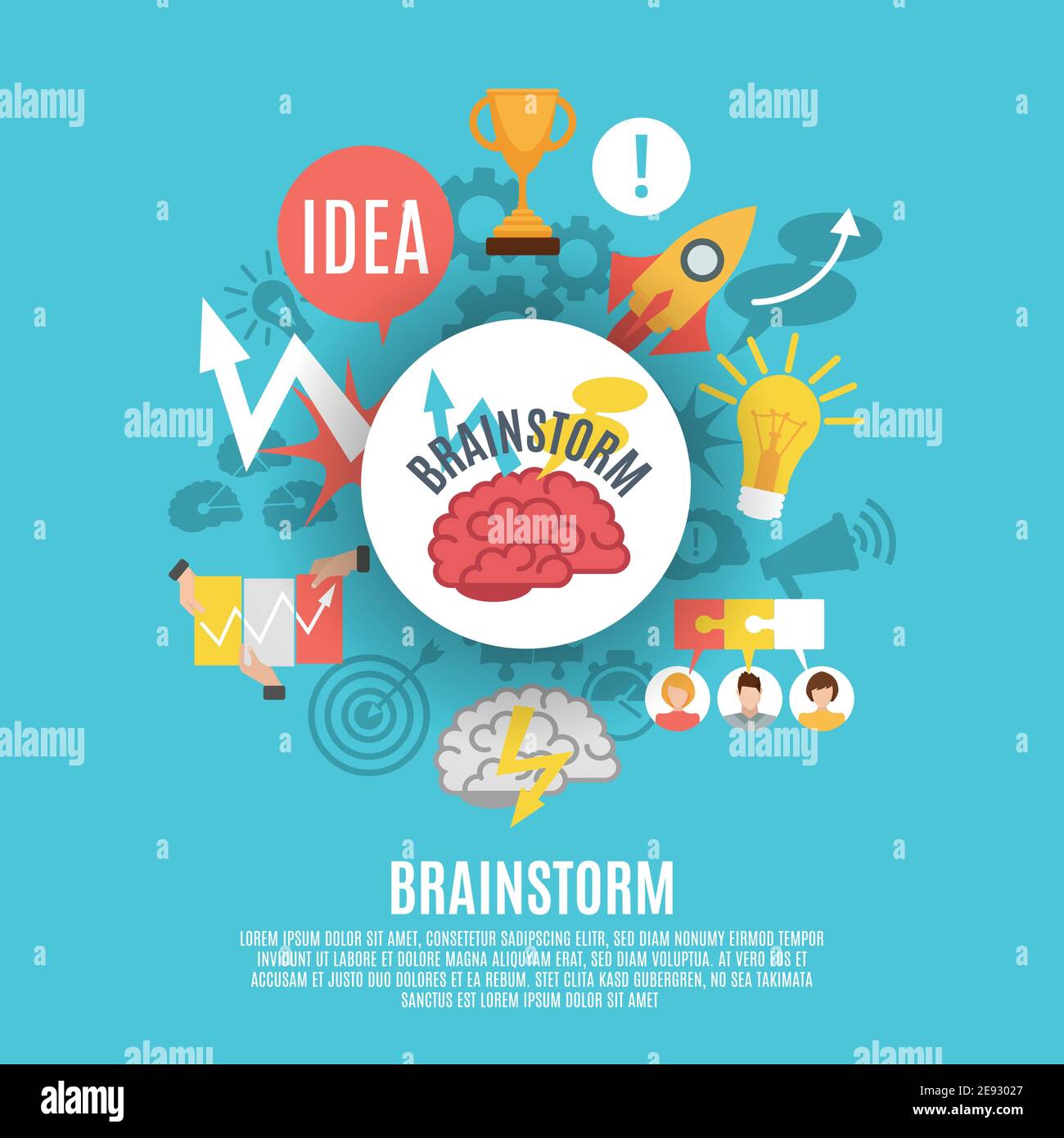 Flat poster composed of different brainstorm icons including red brain ...