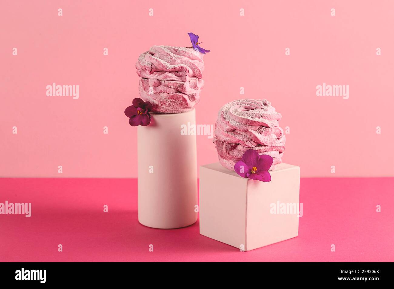 Berry homemade pink marshmallow light spring dessert with flowers Stock ...