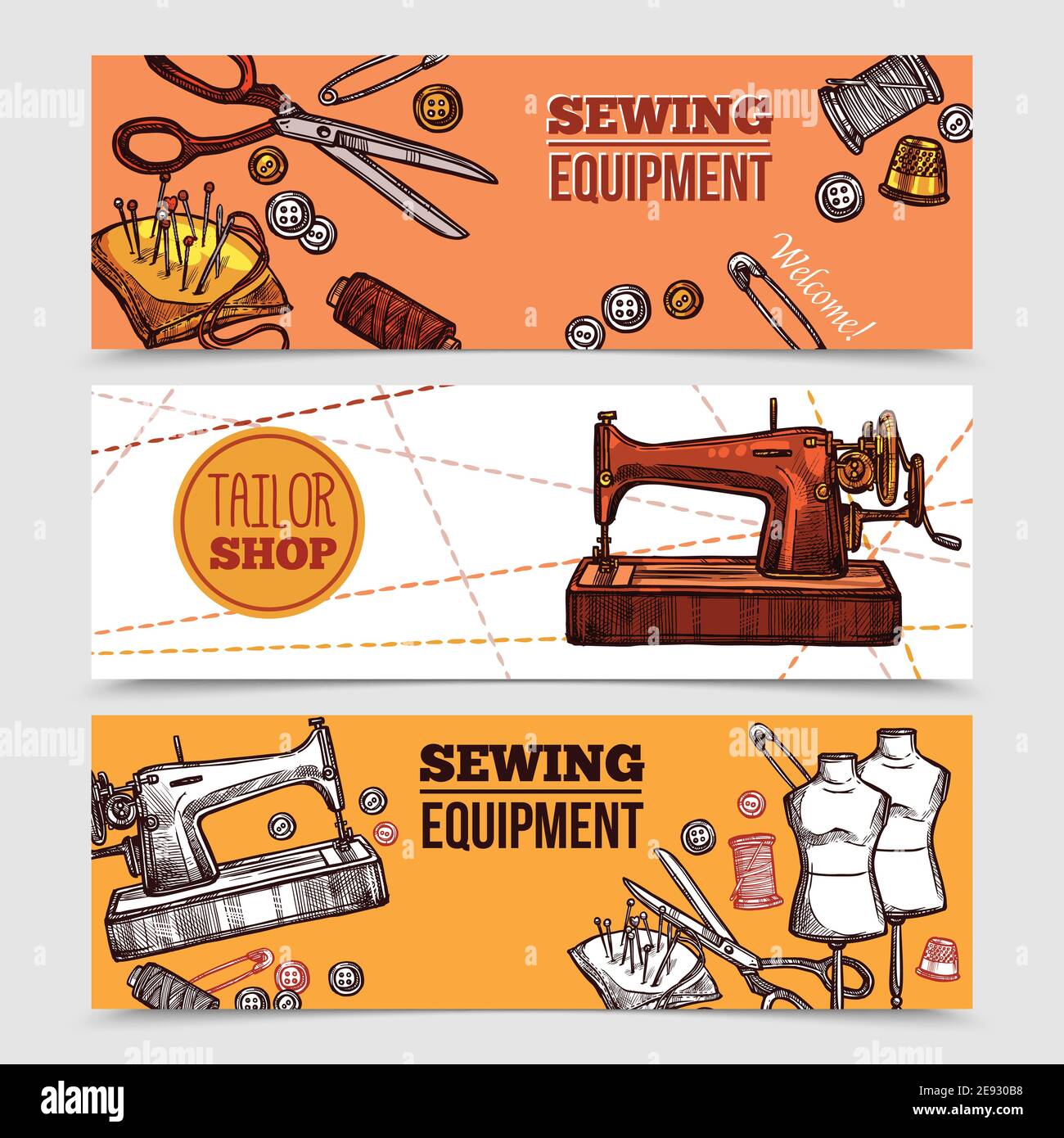 Vintage sewing banners with tailor tools mannequins and sewing machine ...