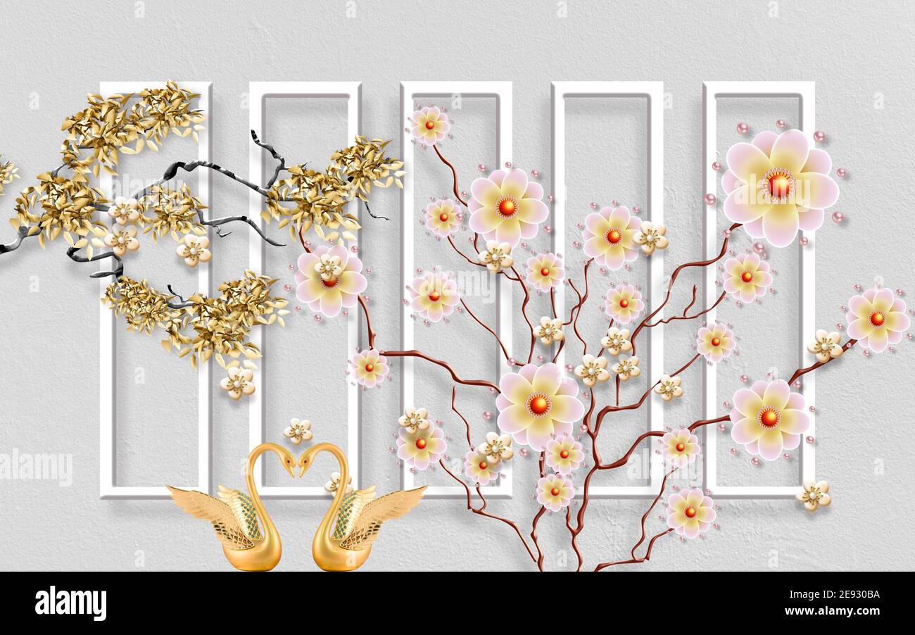 3d illustration, thin flowering trees, a pair of gold jewelry swans ...