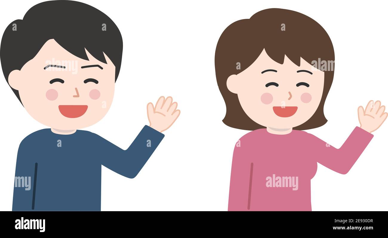 Young couple saying hello to someone with gestures. Vector illustration ...