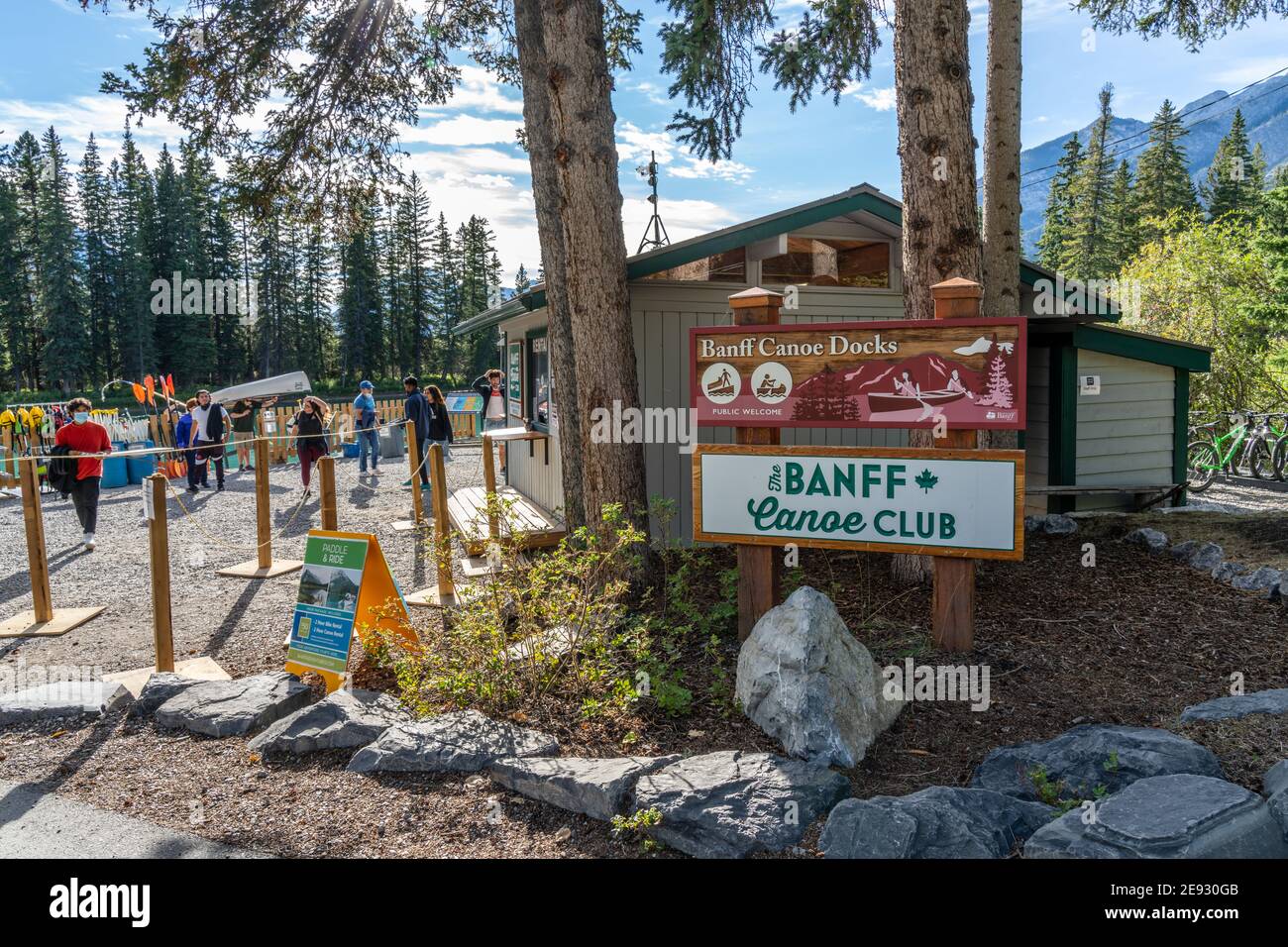 Banff Canoe Docks, Canoeing on Bow River in summer day. Tourists enjoy ...