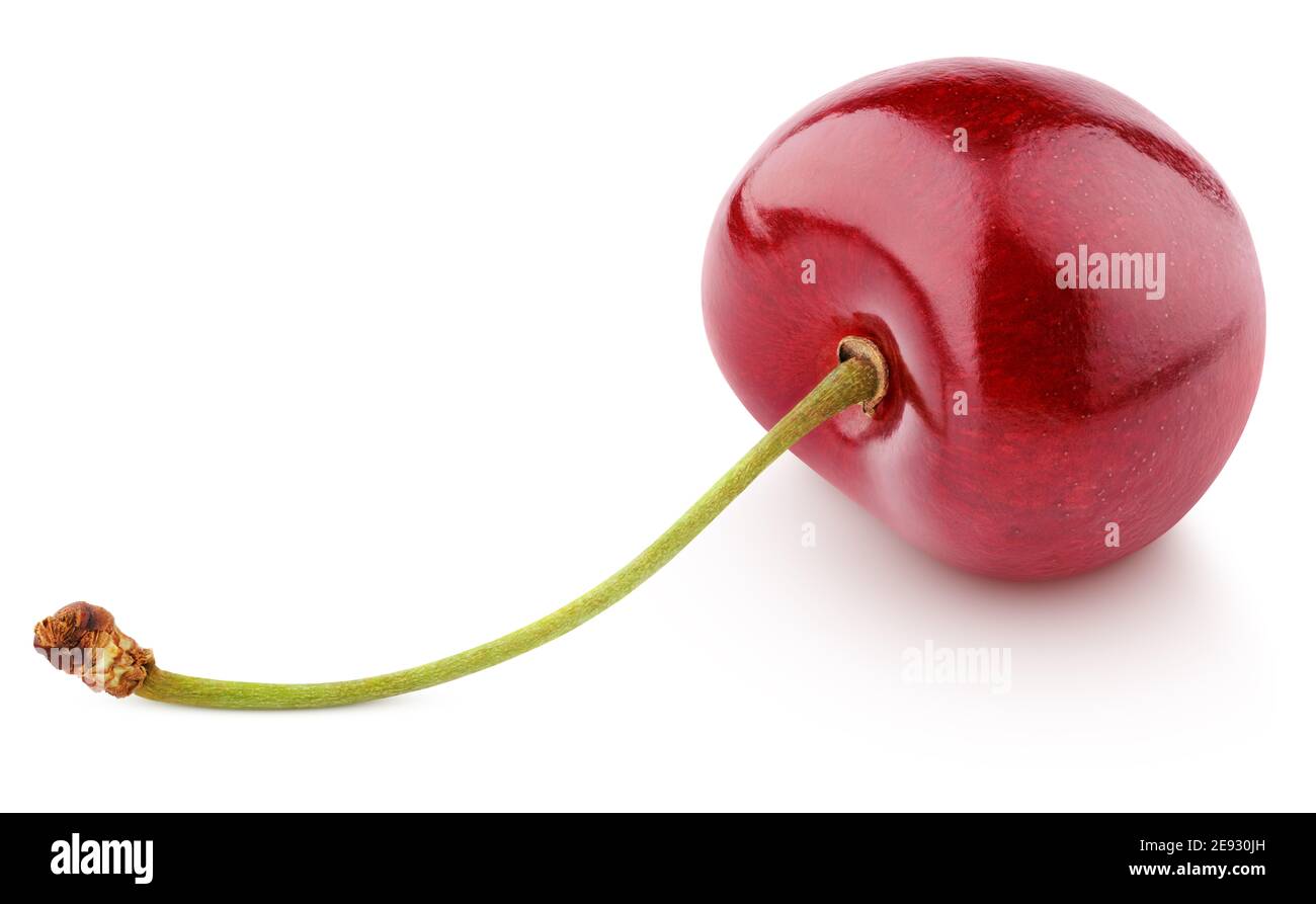 Single ripe cherry with stem lies isolated on white background with ...