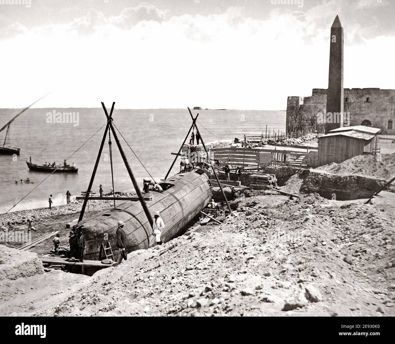 Late 19th century photograph - Moving Cleopatra's Needle, Egypt, barge ...