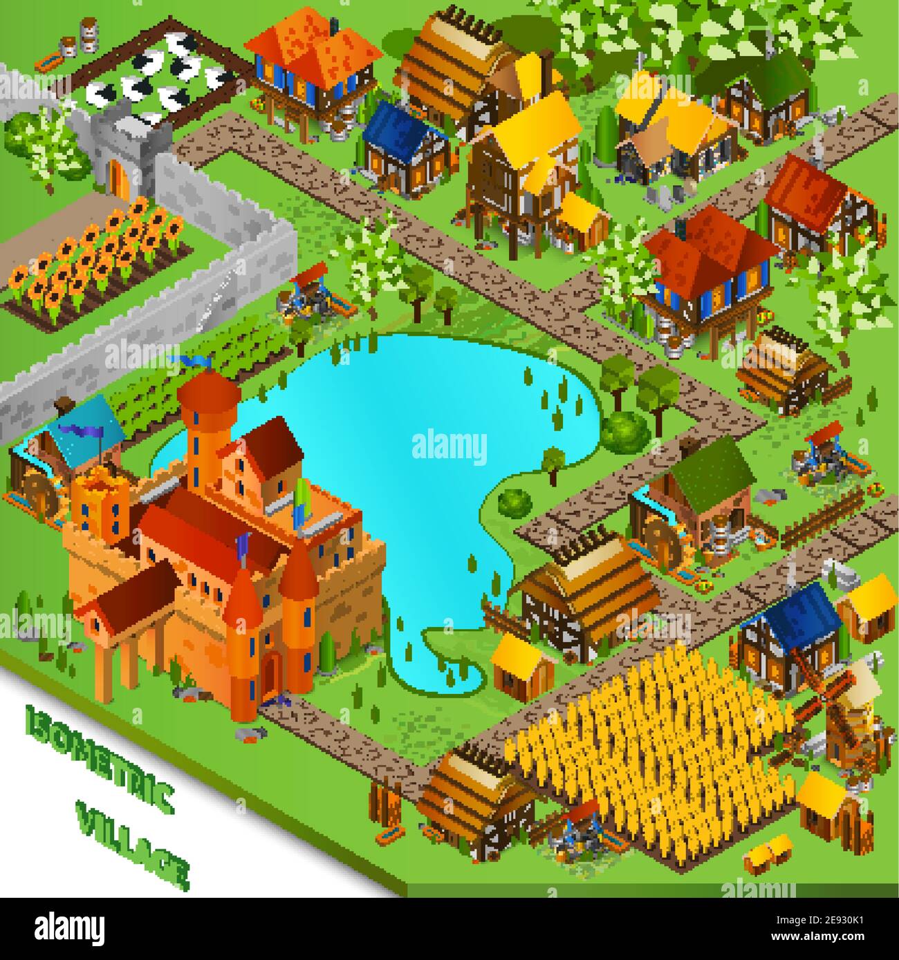 Medieval village with castle houses cattle and fields isometric vector ...