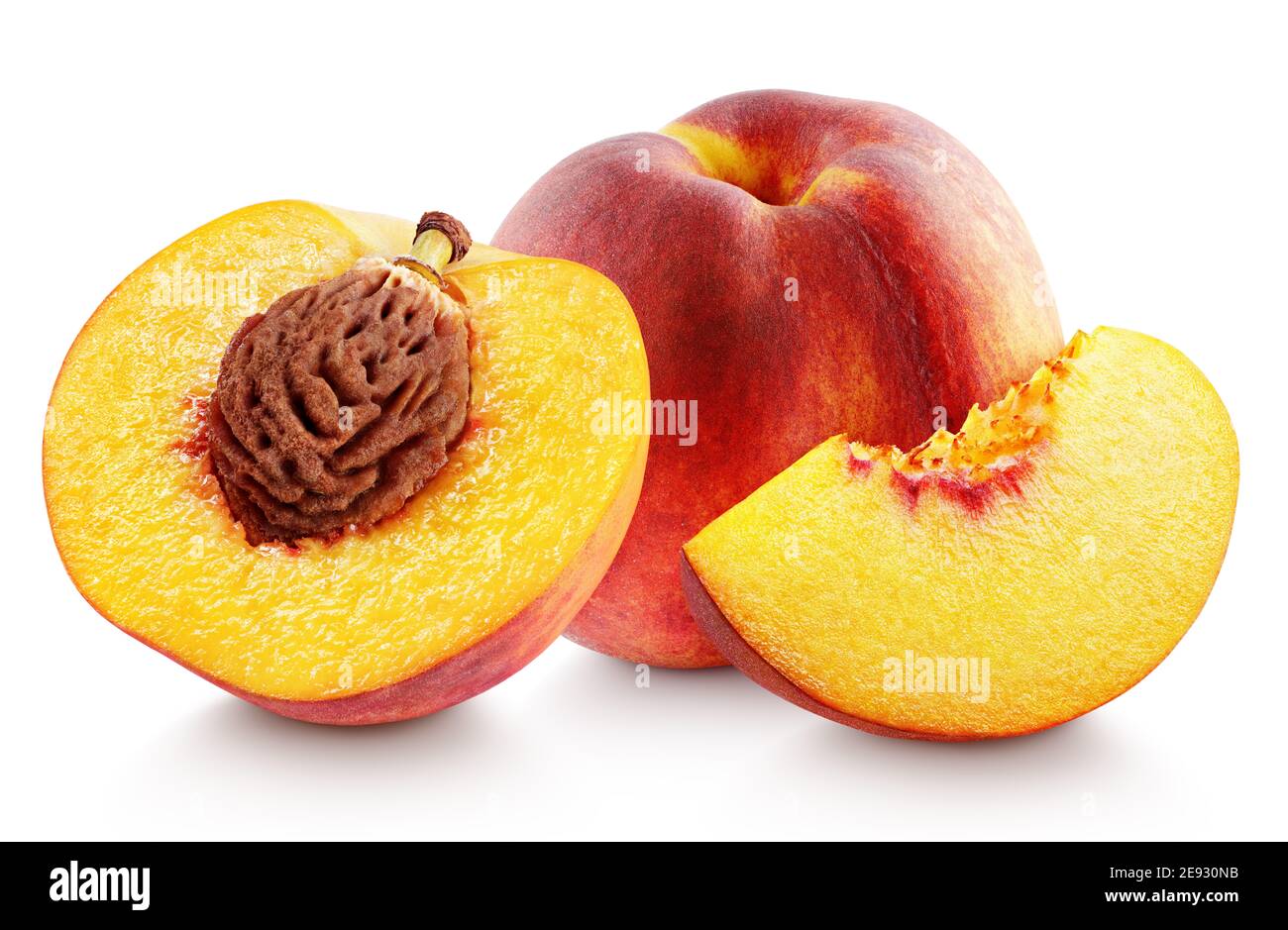 Group of ripe whole peach fruit with half and slice isolated on white ...