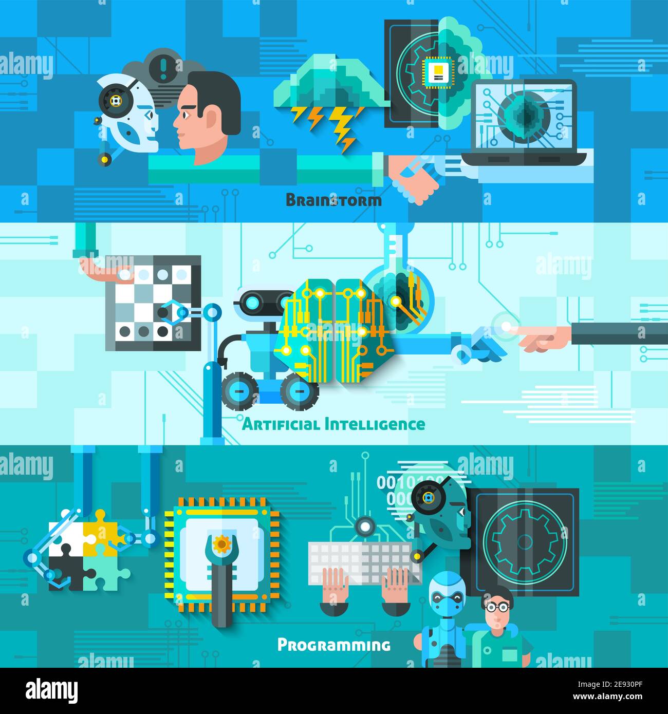 Artificial intelligence horizontal banners set with brainstorm and ...