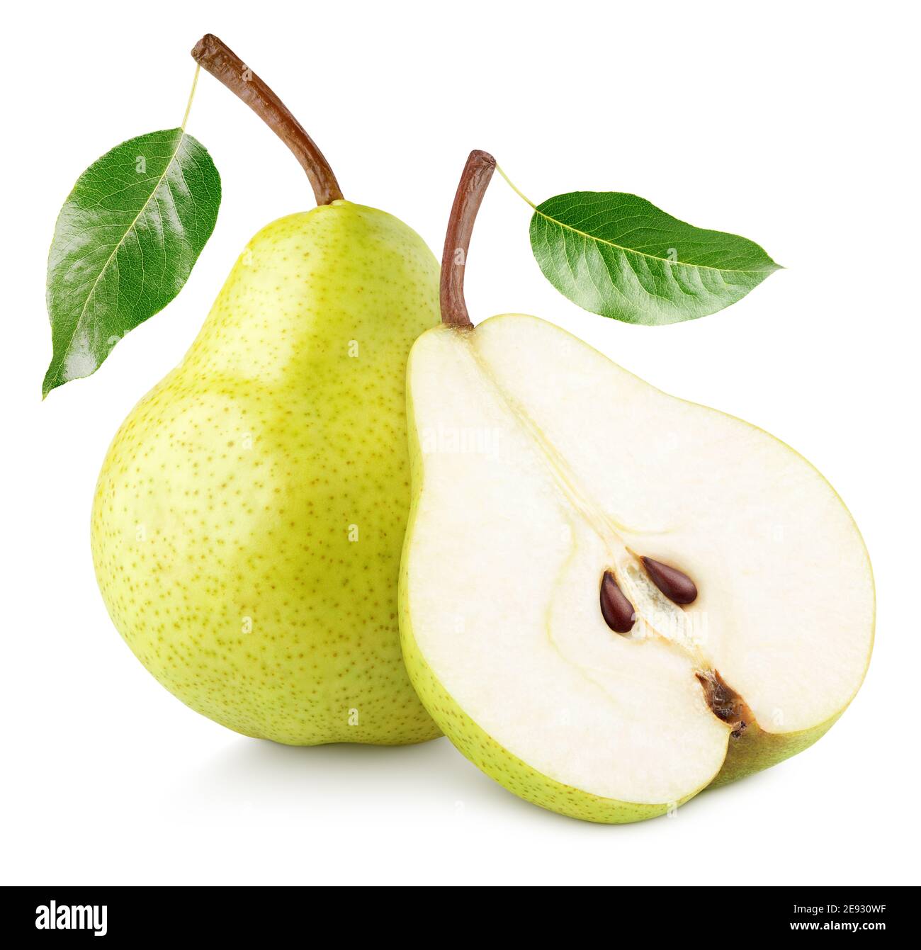 Green yellow pear fruit with pear half and green leaves isolated on ...