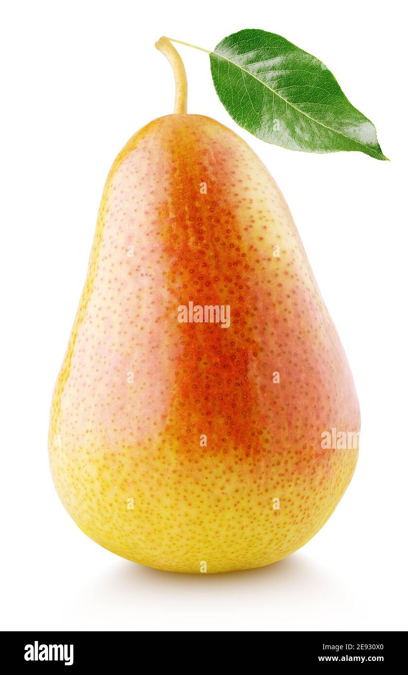 One red yellow pear fruit with green leaf isolated on white with ...
