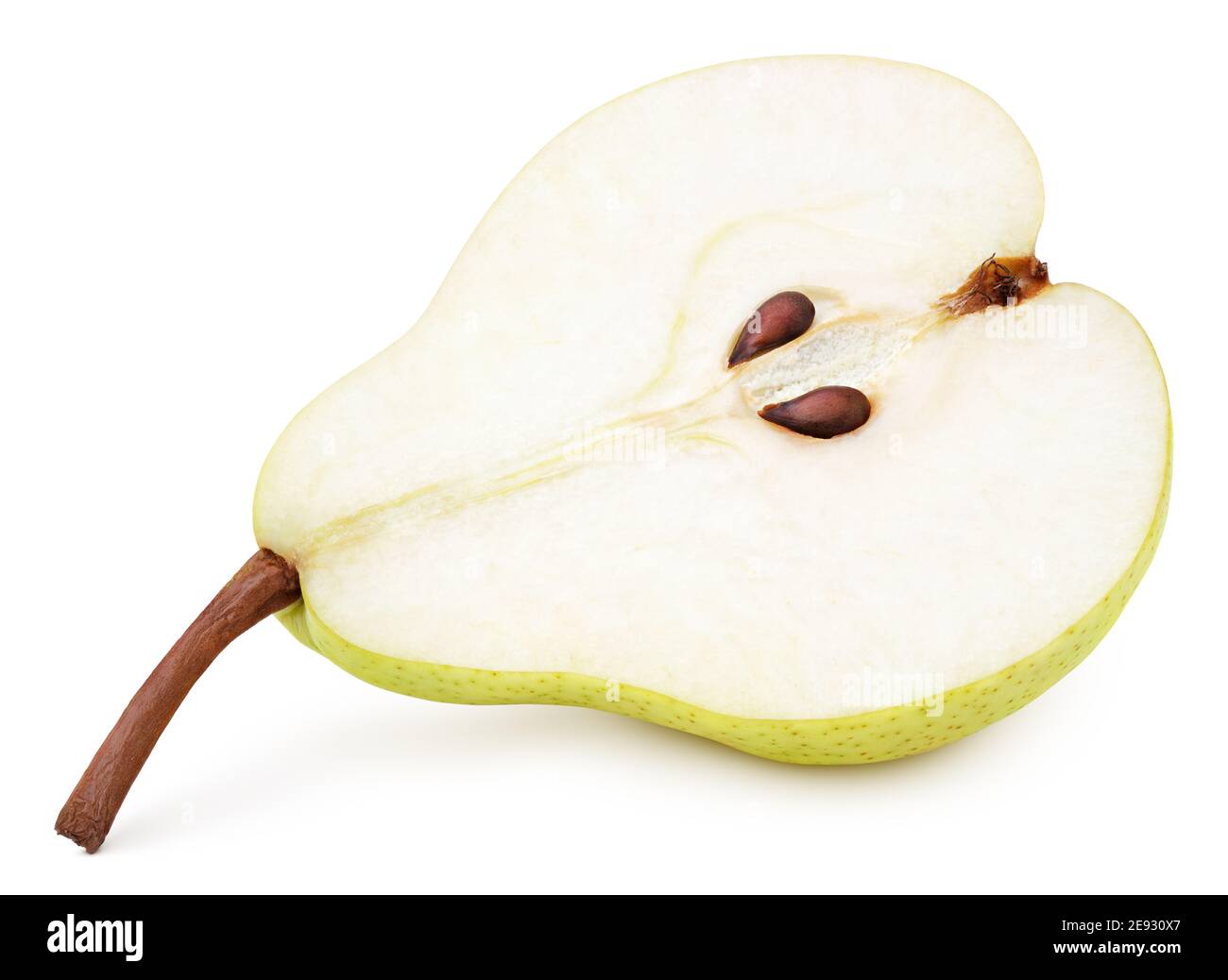 Half of green yellow pear fruit isolated on white background. Half pear ...