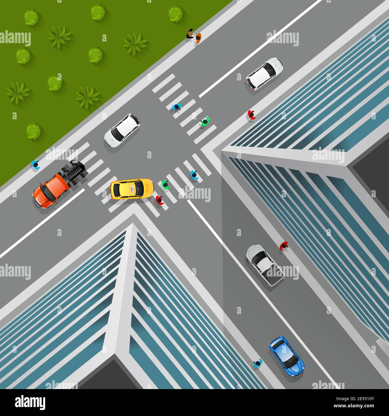 Top view on city crossroad in 3d design with cars pedestrians truck in ...