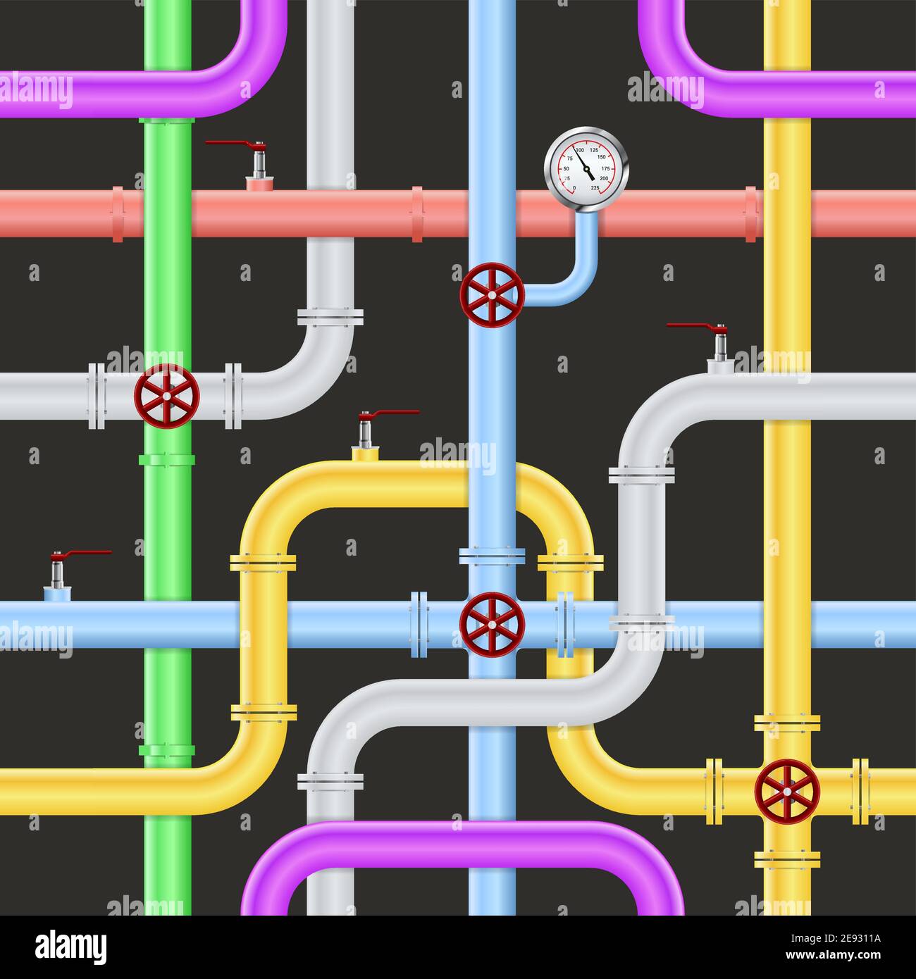 Seamless abstract industrial pipeline pattern on black background with ...