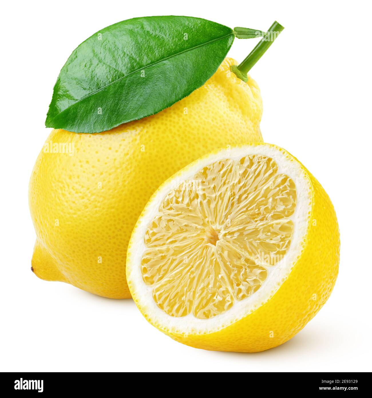 Ripe yellow lemon citrus fruit with green leaf and half isolated on ...