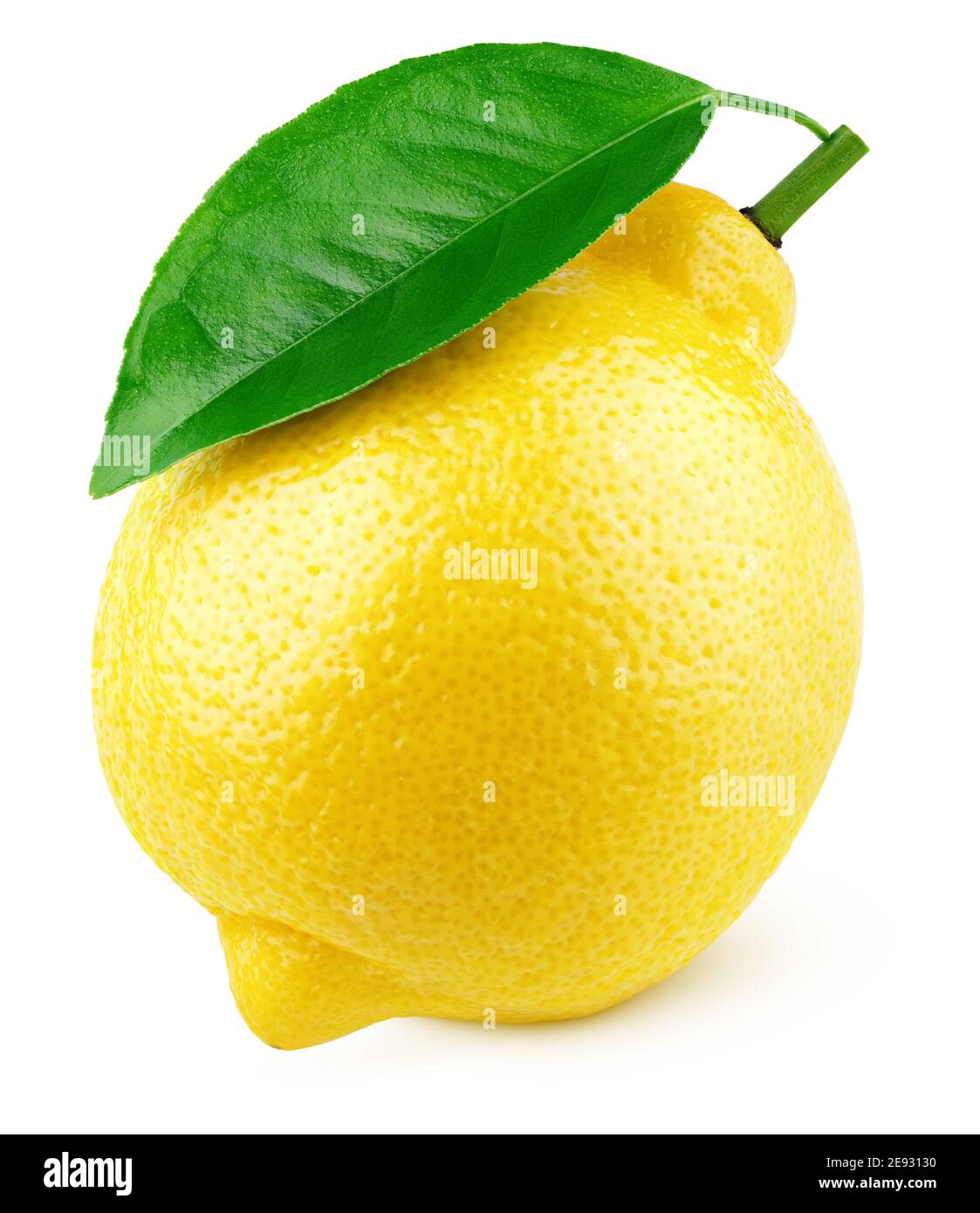 Ripe full yellow lemon citrus fruit with green leaf isolated on white ...