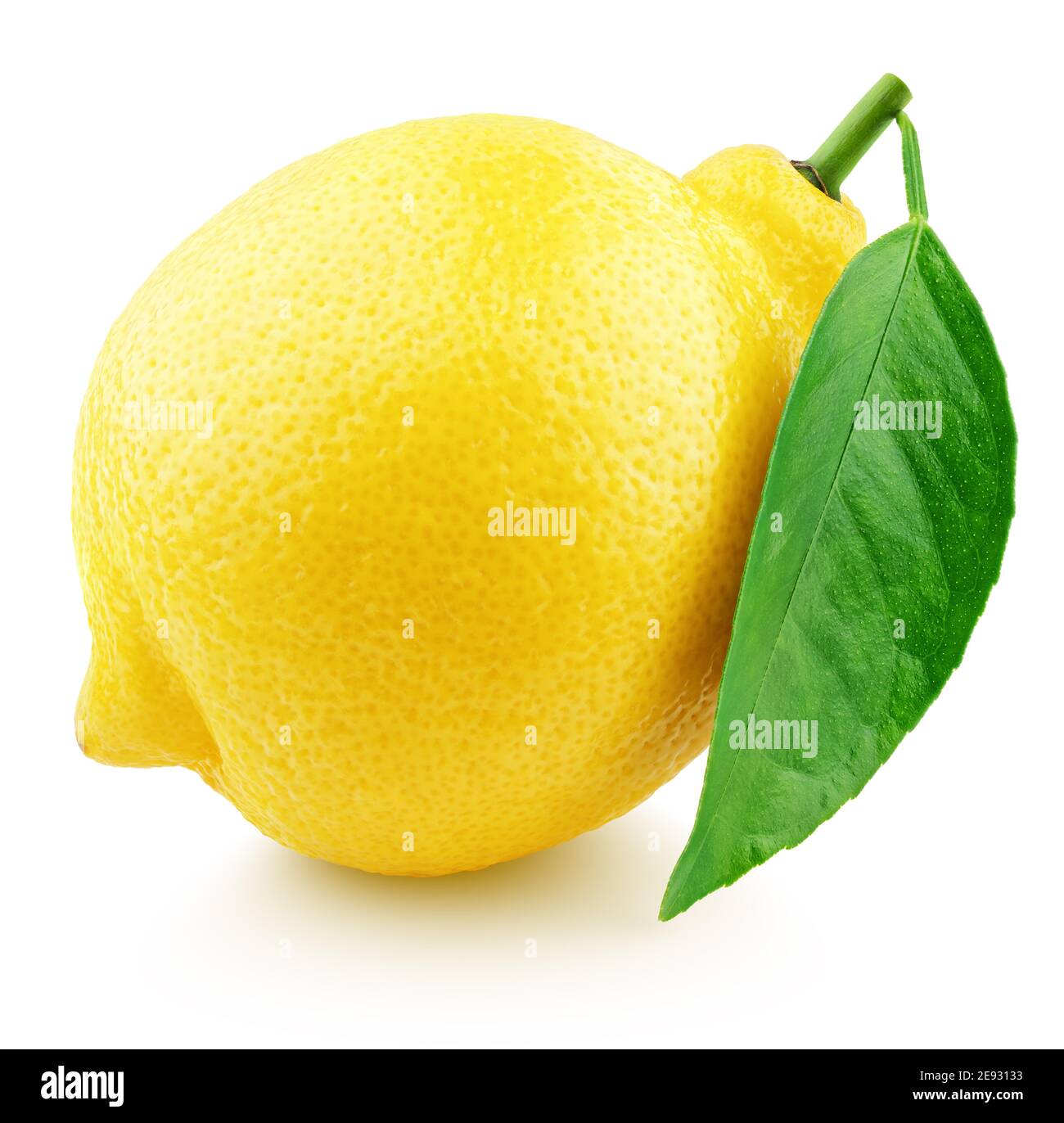 Ripe whole yellow lemon citrus fruit with green leaf isolated on white ...