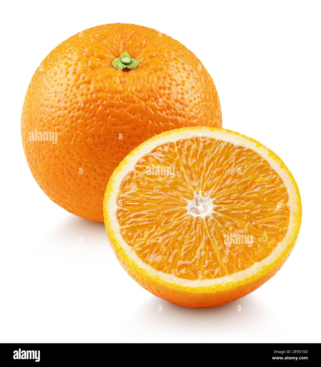 Whole ripe orange citrus fruit with half isolated on white background ...