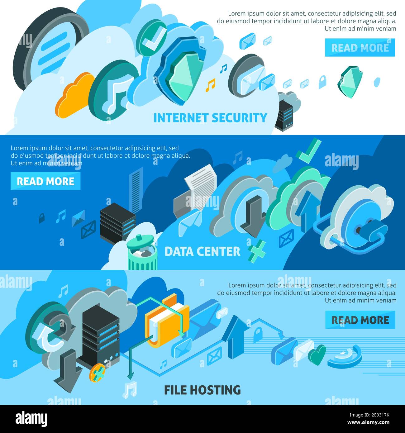 Cloud services isometric horizontal banners set with file hosting ...
