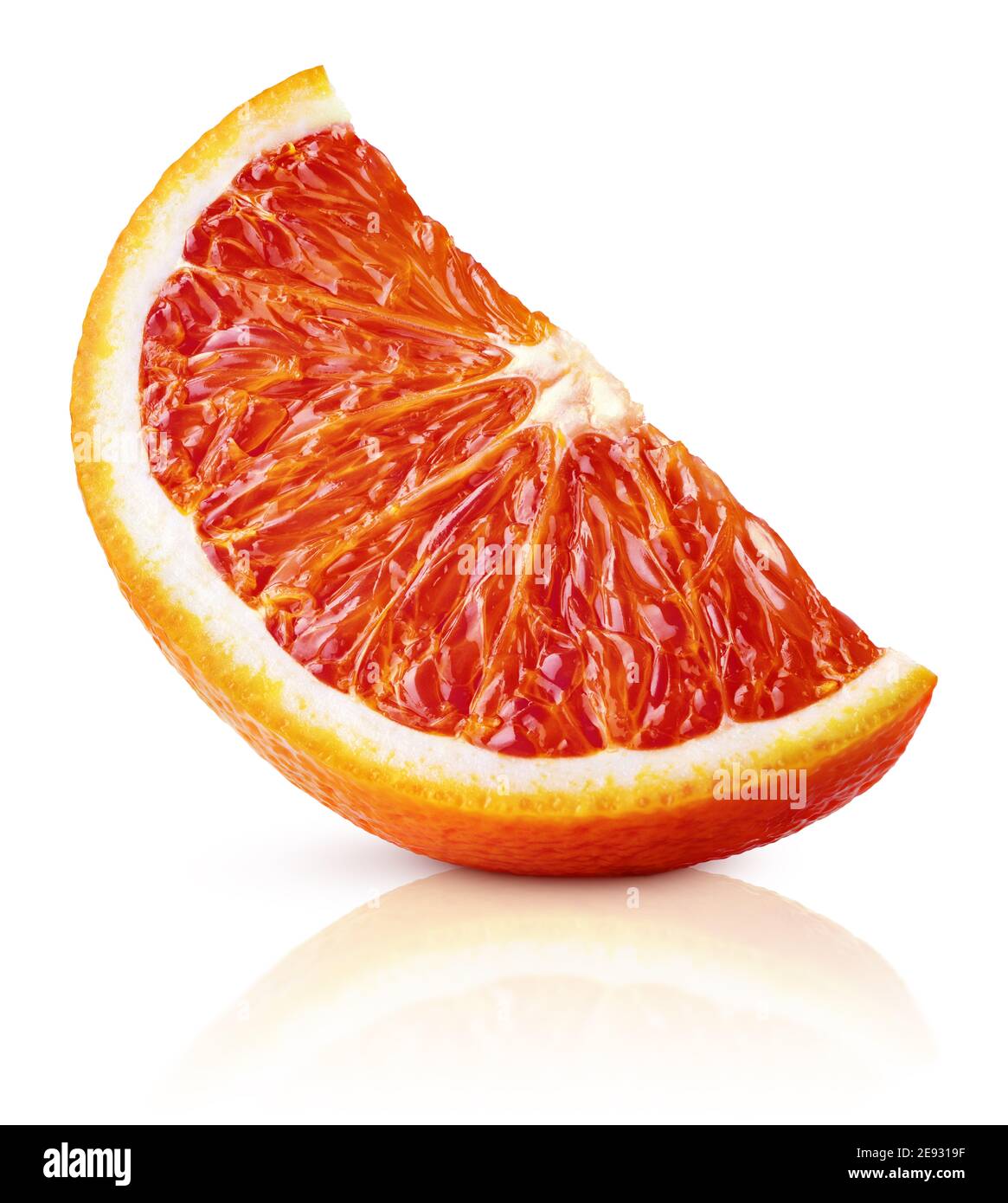 Slice of red blood orange citrus fruit stand isolated on white ...