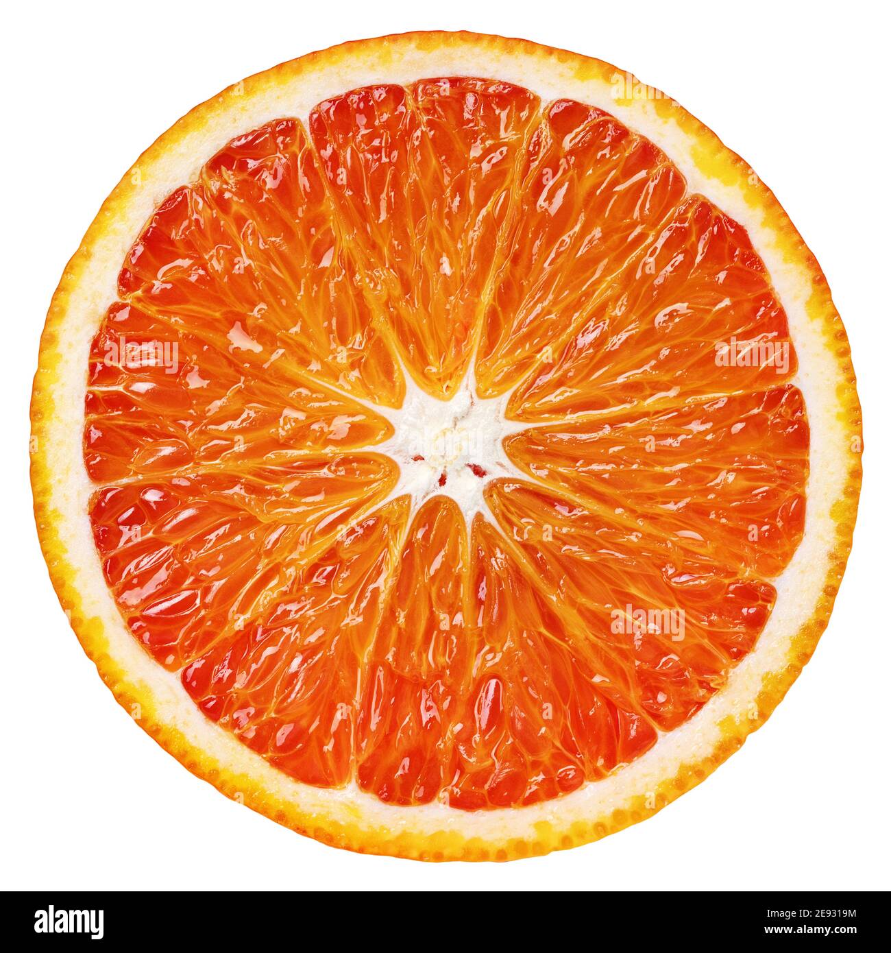 Top view of ripe slice blood red orange citrus fruit isolated on white ...